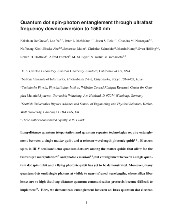 (PDF) Quantum-dot spin–photon entanglement via frequency downconversion to telecom wavelength