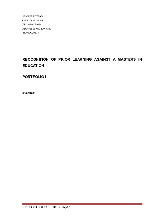 (DOC) RECOGNITION OF PRIOR LEARNING AGAINST A MASTERS IN EDUCATION ...