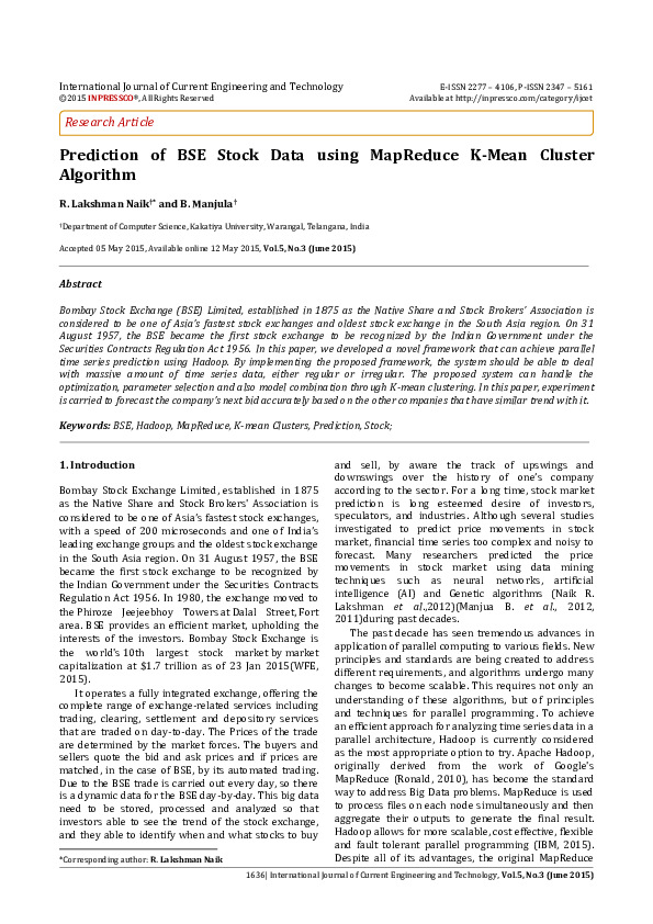 Pdf Prediction Of Bse Stock Data Using Mapreduce K Mean Cluster Algorithm