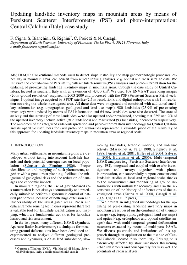 (PDF) Landslide Mapping in Calabria Using PSI