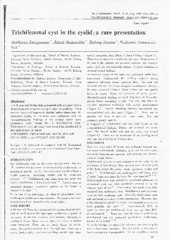 (PDF) Trichilemmal cyst in the eyelid; a rare presentation