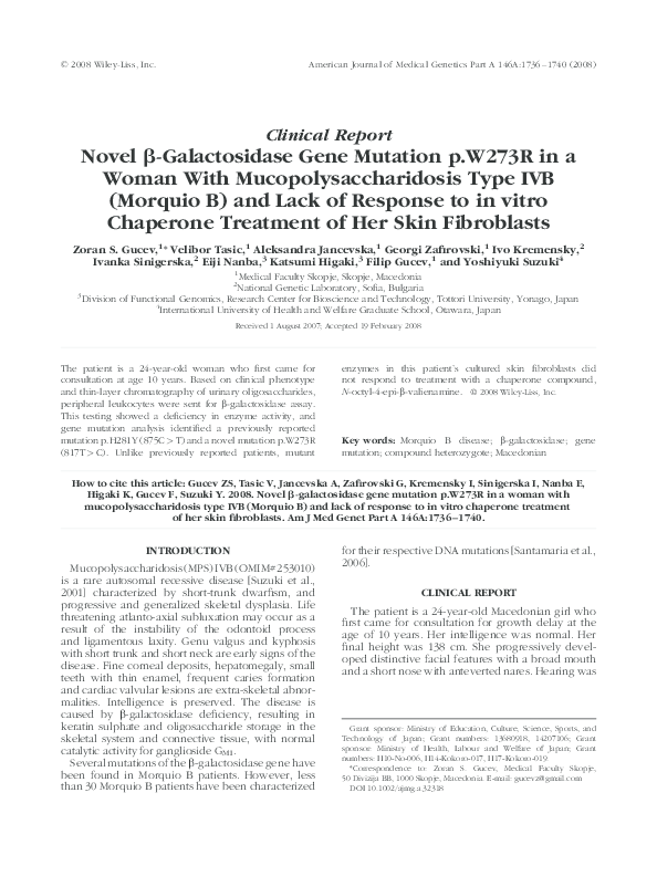 (PDF) Novel beta-galactosidase gene mutation p.W273R in a woman with ...