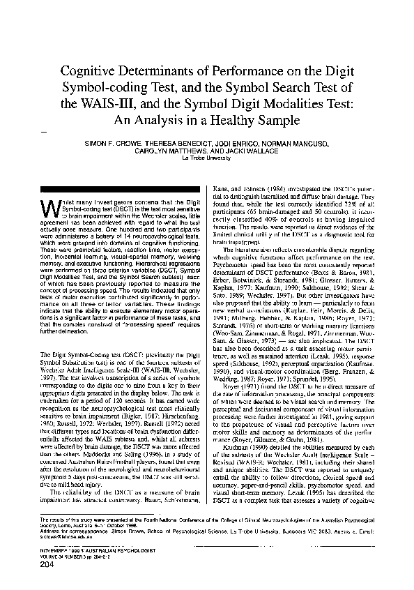 Pdf Cognitive Determinants Of Performance On The Digit Symbol Coding