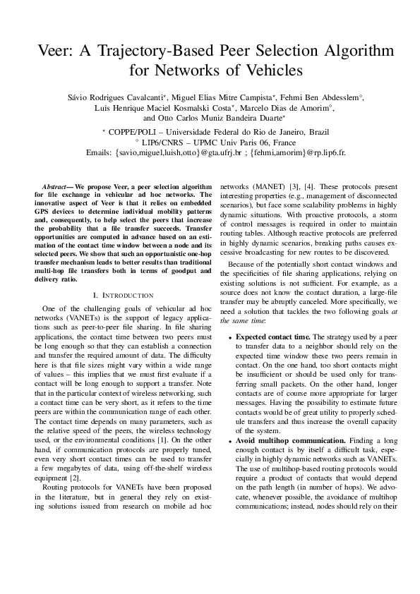 Pdf Veer A Trajectory Based Peer Selection Algorithm For Networks Of Vehicles