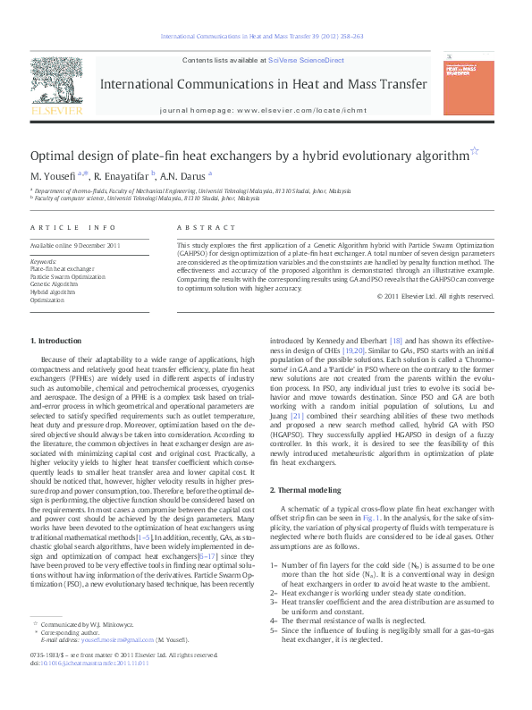 (PDF) Optimal design of plate-fin heat exchangers by a hybrid evolutionary algorithm