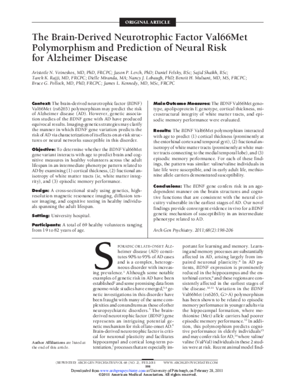 (PDF) BDNF Val66Met Polymorphism and AD Risk Prediction