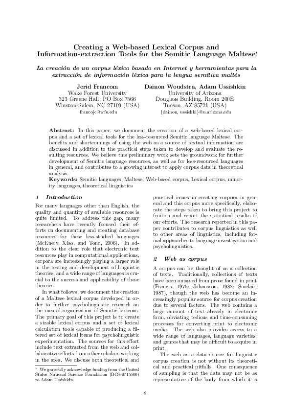 Pdf Creating A Web Based Lexical Corpus And Information Extraction Tools For The Semitic