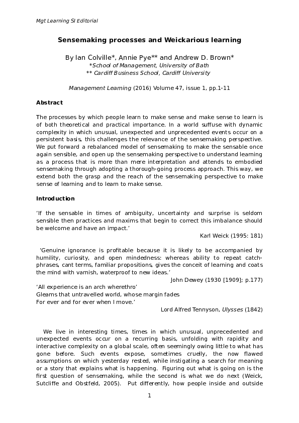 (DOC) Sensemaking processes and Weickarious learning