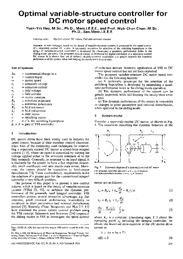 Pdf Optimal Variable Structure Controller For Dc Motor Speed Control