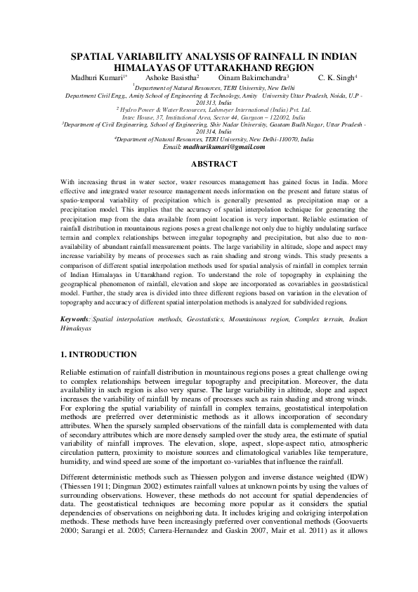 (PDF) SPATIAL VARIABILITY ANALYSIS OF RAINFALL IN INDIAN HIMALAYAS OF UTTARAKHAND REGION