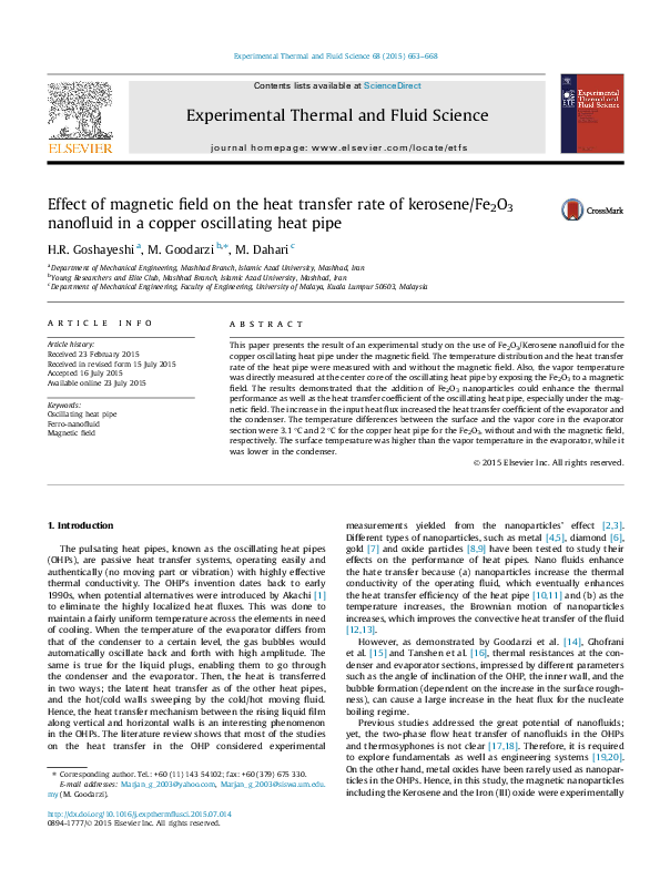 Pdf Effect Of Magnetic Field On The Heat Transfer Rate Of Kerosene Fe