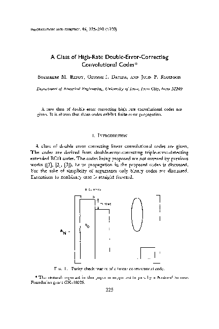 Pdf A Class Of High Rate Double Error Correcting Convolutional Codes Sudhakar Reddy