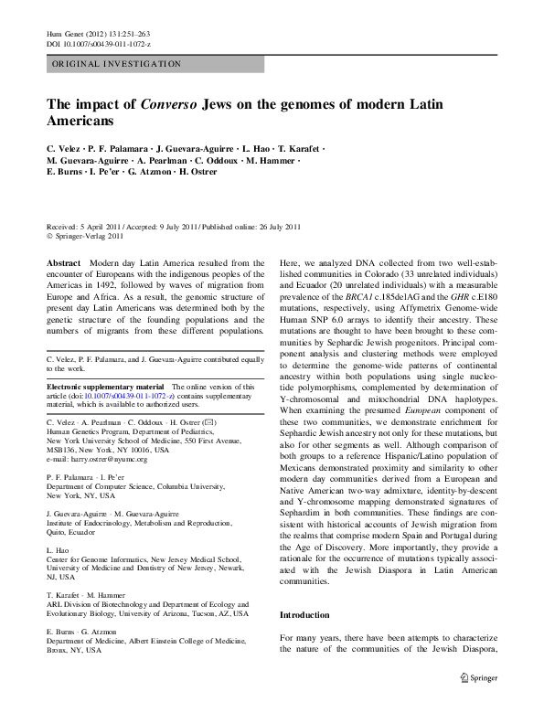 (PDF) The impact of Converso Jews on the genomes of modern Latin Americans