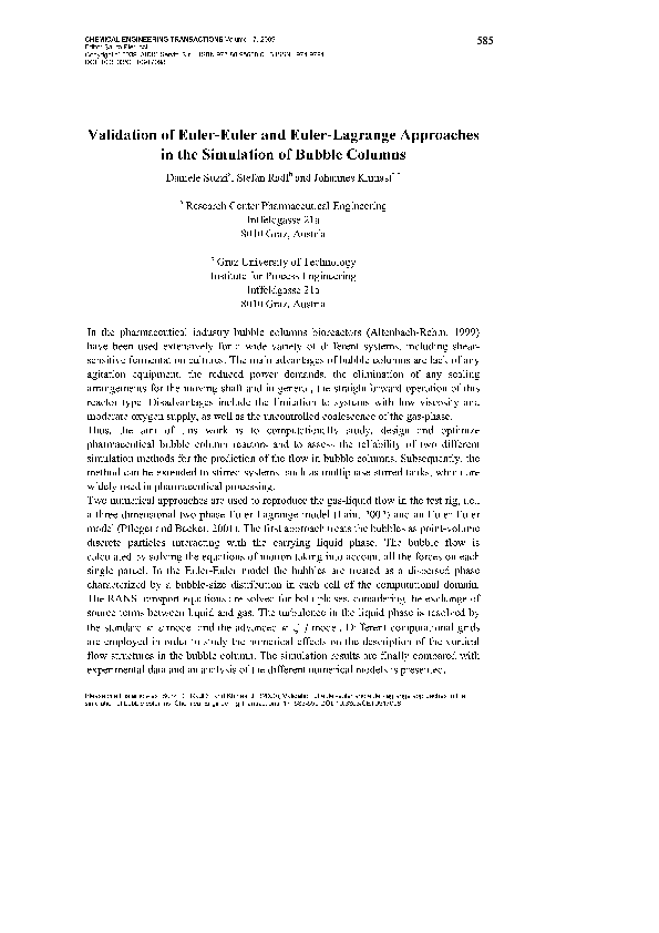 Pdf Validation Of Euler Euler And Euler Lagrange Approaches In The Simulation Of Bubble Columns