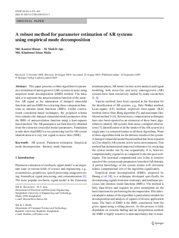 Pdf A Robust Method For Parameter Estimation Of Ar Systems Using Empirical Mode Decomposition