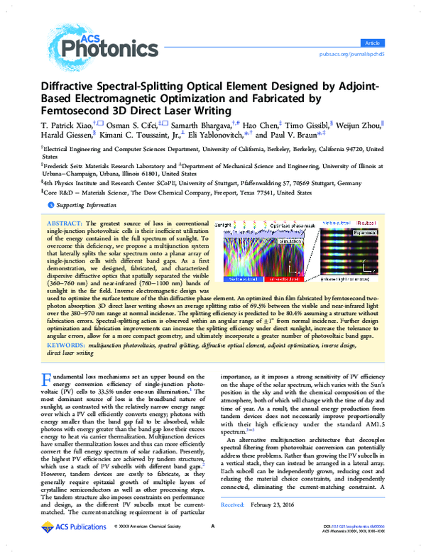 (PDF) Diffractive Spectral-Splitting Optical Element Designed by Adjoint- Based Electromagnetic ...