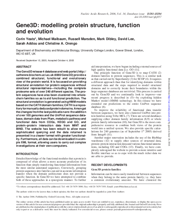 Pdf Gene3d Modelling Protein Structure Function And Evolution