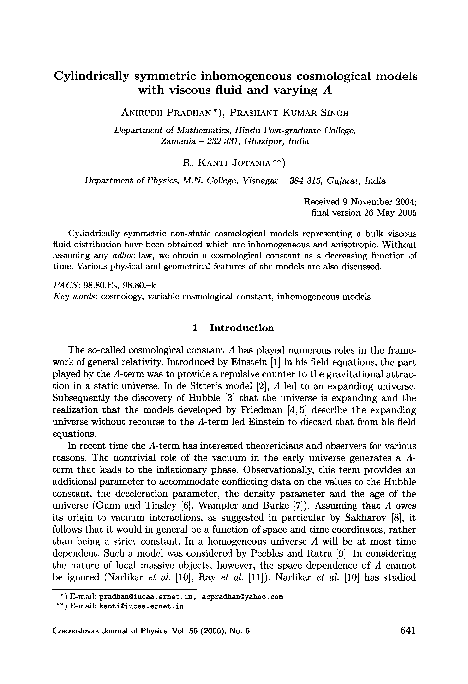 (PDF) Cylindrically Symmetric Inhomogeneous Cosmological Models With Viscous Fluid and Varying Λ