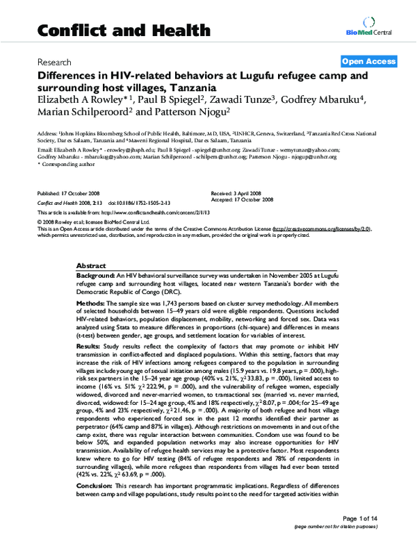 (PDF) Differences in HIV-related behaviors at Lugufu refugee camp and ...