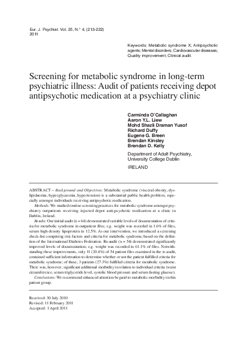 (PDF) Screening for metabolic syndrome in long-term psychiatric illness ...