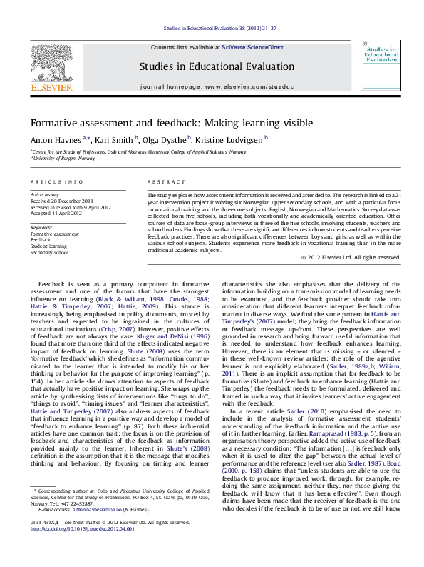 (PDF) Formative assessment and feedback: Making learning visible