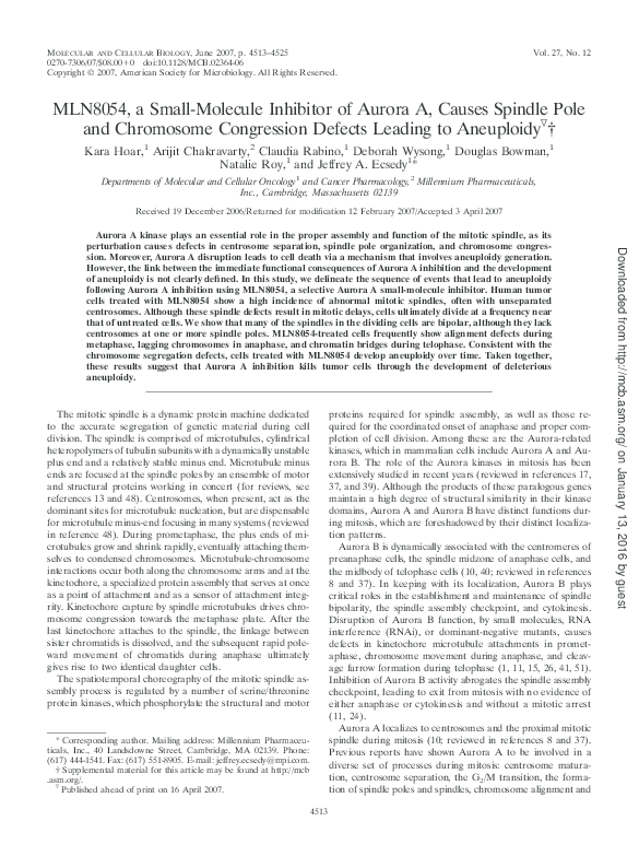 (PDF) MLN8054, a Small-Molecule Inhibitor of Aurora A, Causes Spindle ...