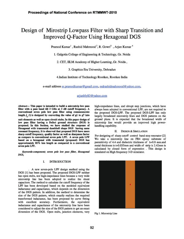 Pdf Design Of Microstrip Low Pass Filter With Sharp Transition And Improved Q Factor Using