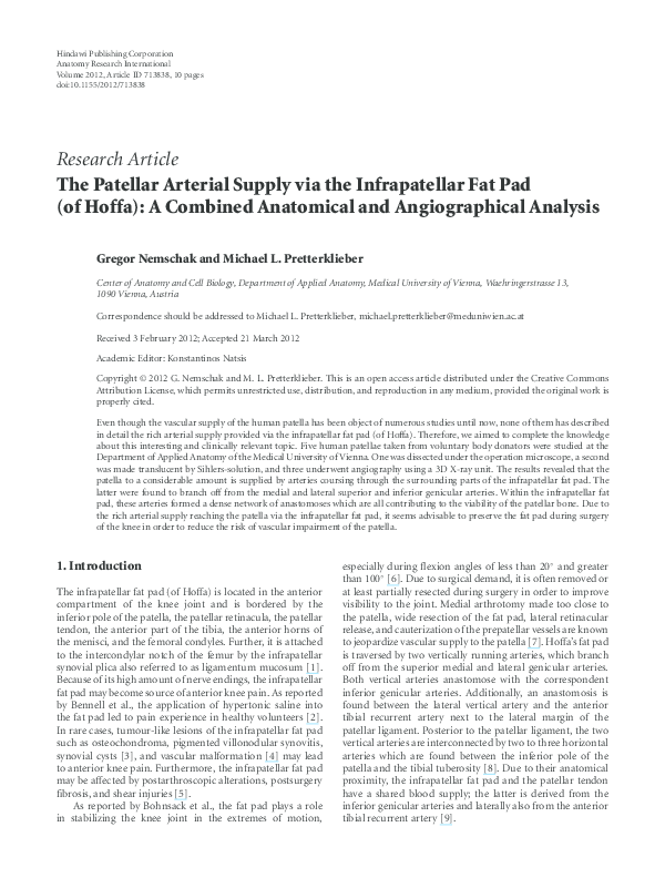 Pdf The Patellar Arterial Supply Via The Infrapatellar Fat Pad Of