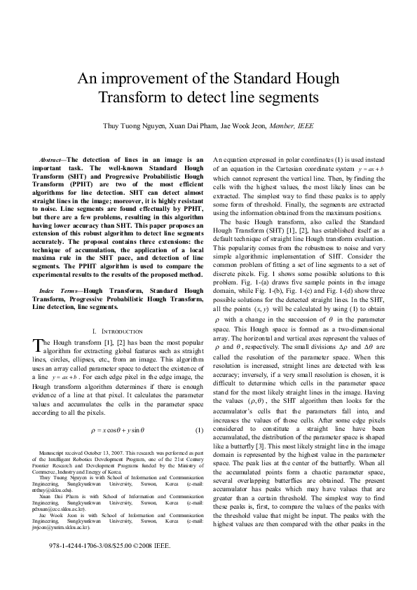 (PDF) An improvement of the Standard Hough Transform to detect line segments