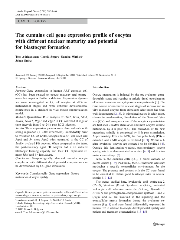 (PDF) The cumulus cell gene expression profile of oocytes with ...