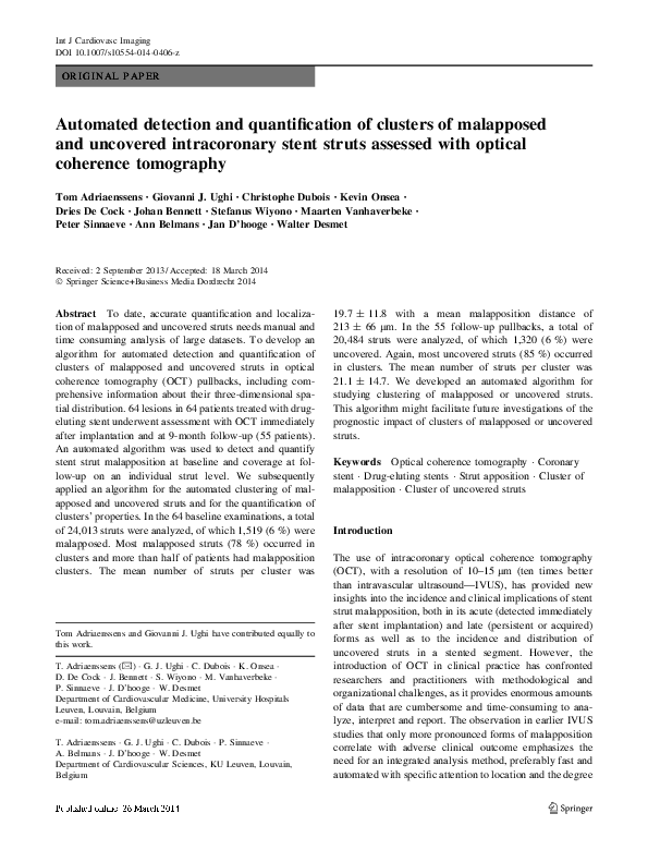 Pdf Automated Detection And Quantification Of Clusters Of Malapposed And Uncovered