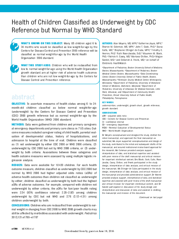 (PDF) Health of Children Classified as Underweight by CDC Reference but ...