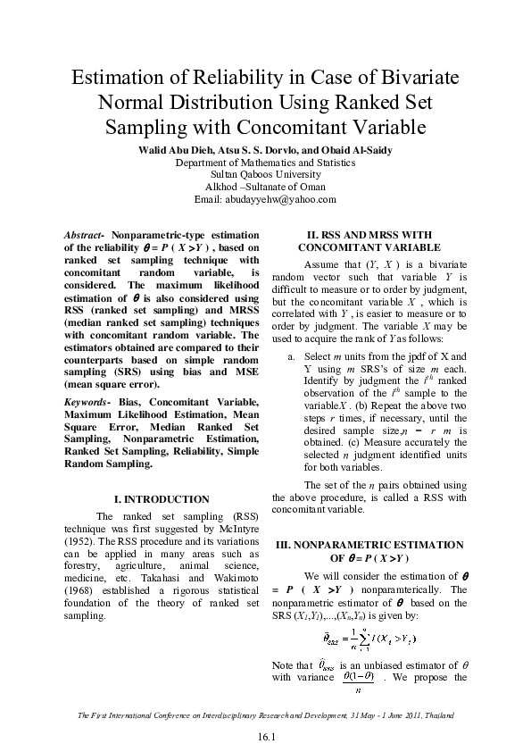 (PDF) Estimation of Reliability in Case of Bivariate Normal Distribution Using Ranked Set ...