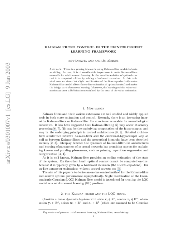(PDF) Kalman filter control in the reinforcement learning framework | Andras Lorincz - Academia.edu