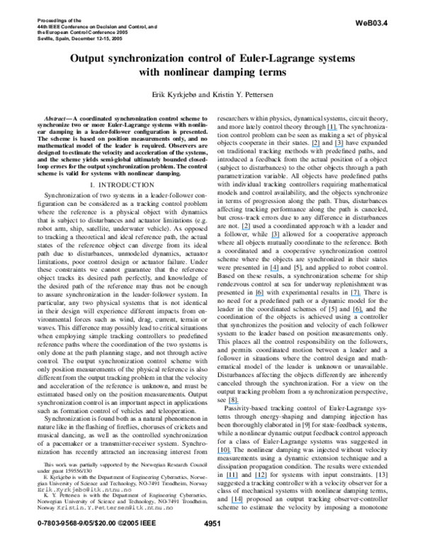Pdf Output Synchronization Control Of Euler Lagrange Systems With 6178