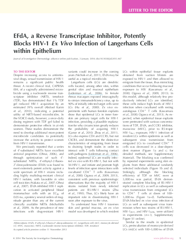 (PDF) EFdA, a Reverse Transcriptase Inhibitor, Potently Blocks HIV-1 Ex Vivo Infection of ...