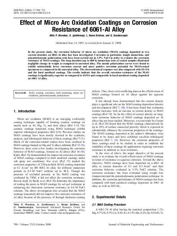 (PDF) Effect of Micro Arc Oxidation Coatings on Corrosion Resistance of ...