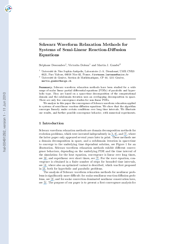Pdf Schwarz Waveform Relaxation Methods For Systems Of Semi Linear Reaction Diffusion Equations