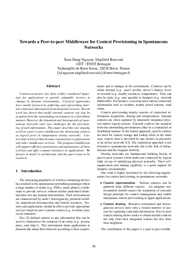 (PDF) Towards a Peer-to-peer Middleware for Context Provisioning in Spontaneous Networks