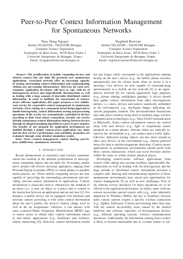 (PDF) Peer-to-Peer Context Information Management for Spontaneous Networks