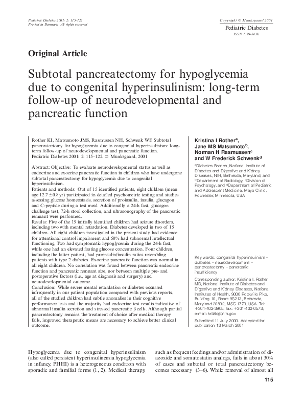 (PDF) Subtotal pancreatectomy for hypoglycemia due to congenital ...