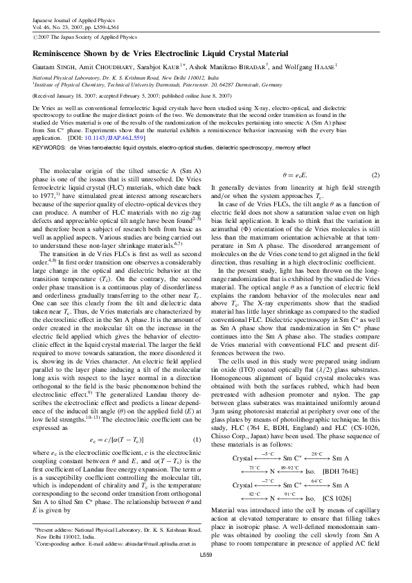 (PDF) Reminiscence shown by de vries electroclinic liquid crystal material