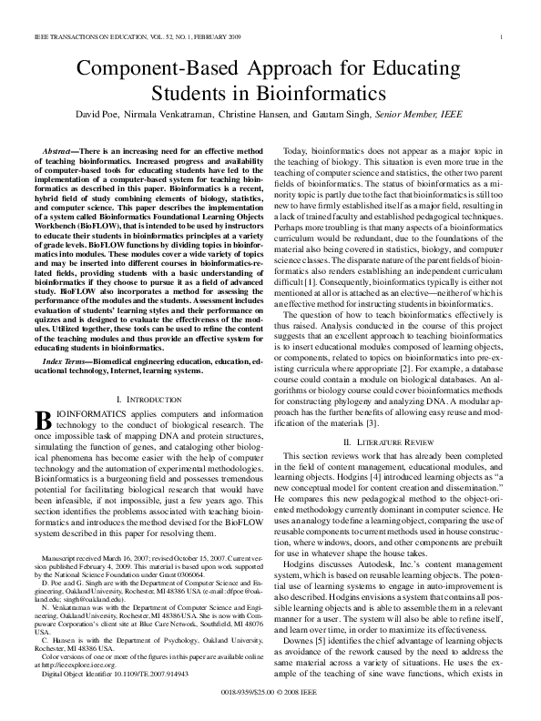 (PDF) Component-Based Approach for Educating Students in Bioinformatics