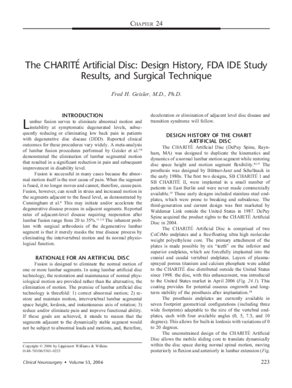 (PDF) The CHARITÉ Artificial Disc: Design History, FDA IDE Study Results, and Surgical Technique