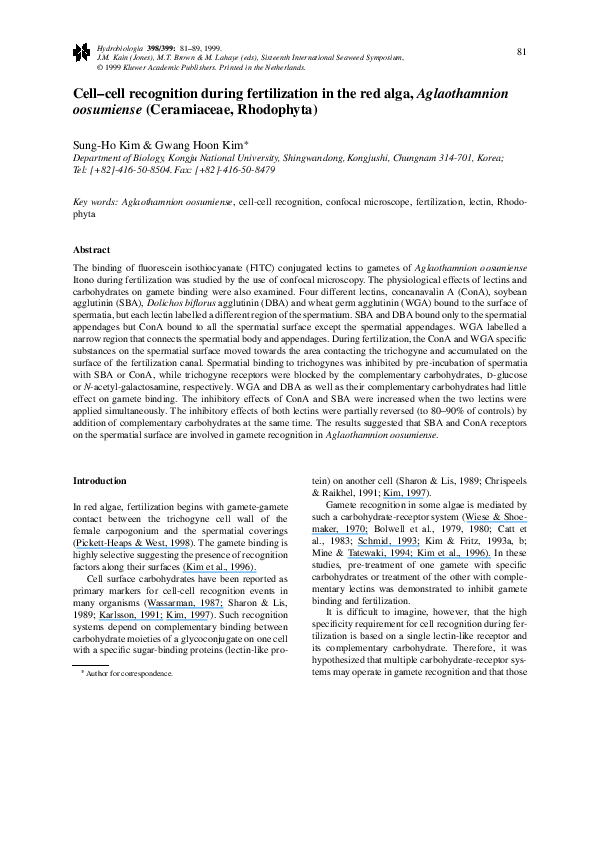 (PDF) Cell–cell recognition during fertilization in the red alga ...