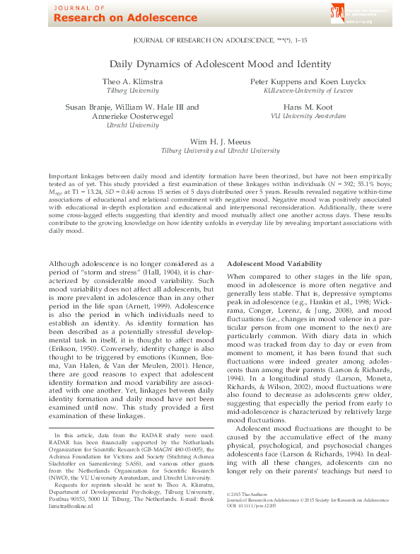 (PDF) Daily Dynamics of Adolescent Mood and Identity