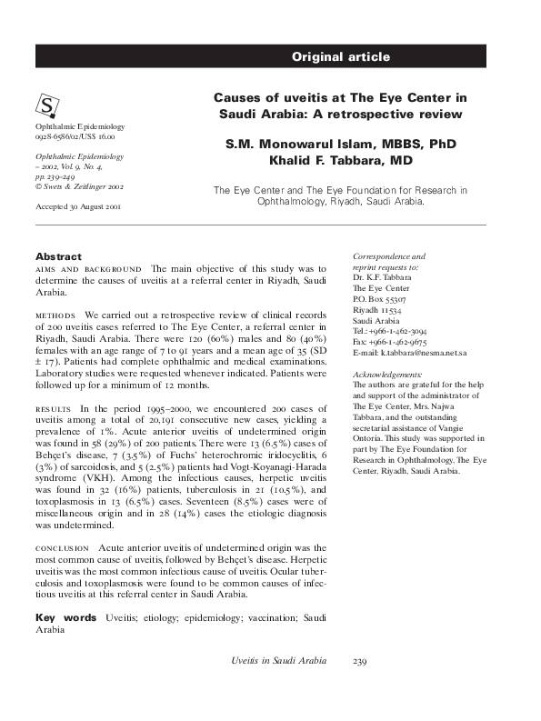 (PDF) Causes of uveitis at The Eye Center in Saudi Arabia: A ...