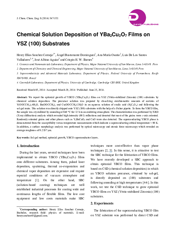 (PDF) Chemical Solution Deposition of YBa2Cu3O7 Films on YSZ (100 ...