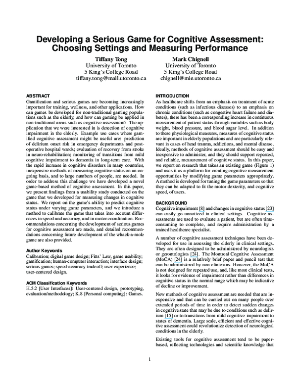 (PDF) Developing a serious game for cognitive assessment