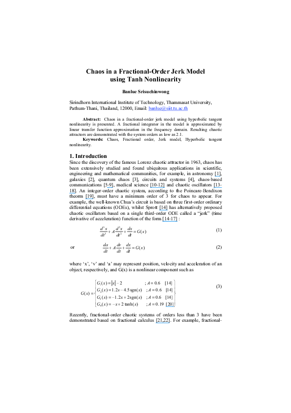 (PDF) Chaos in a Fractional-Order Jerk Model Using Tanh Nonlinearity